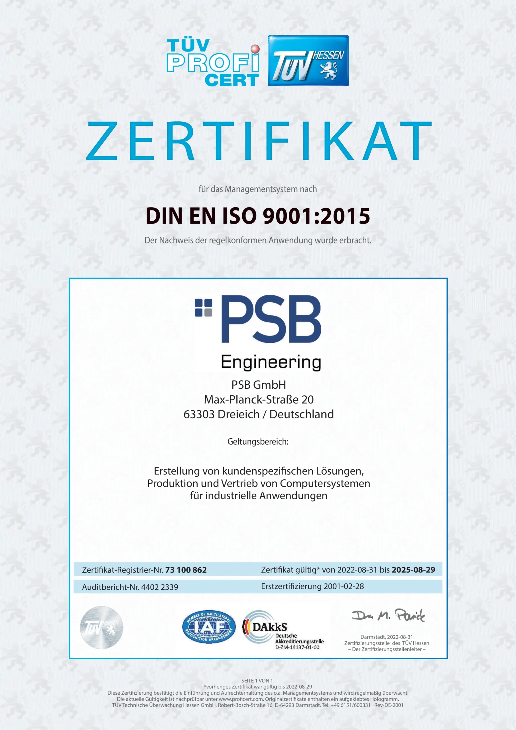 Certificates – ISO 9001:2015 Quality | PSB Engineering